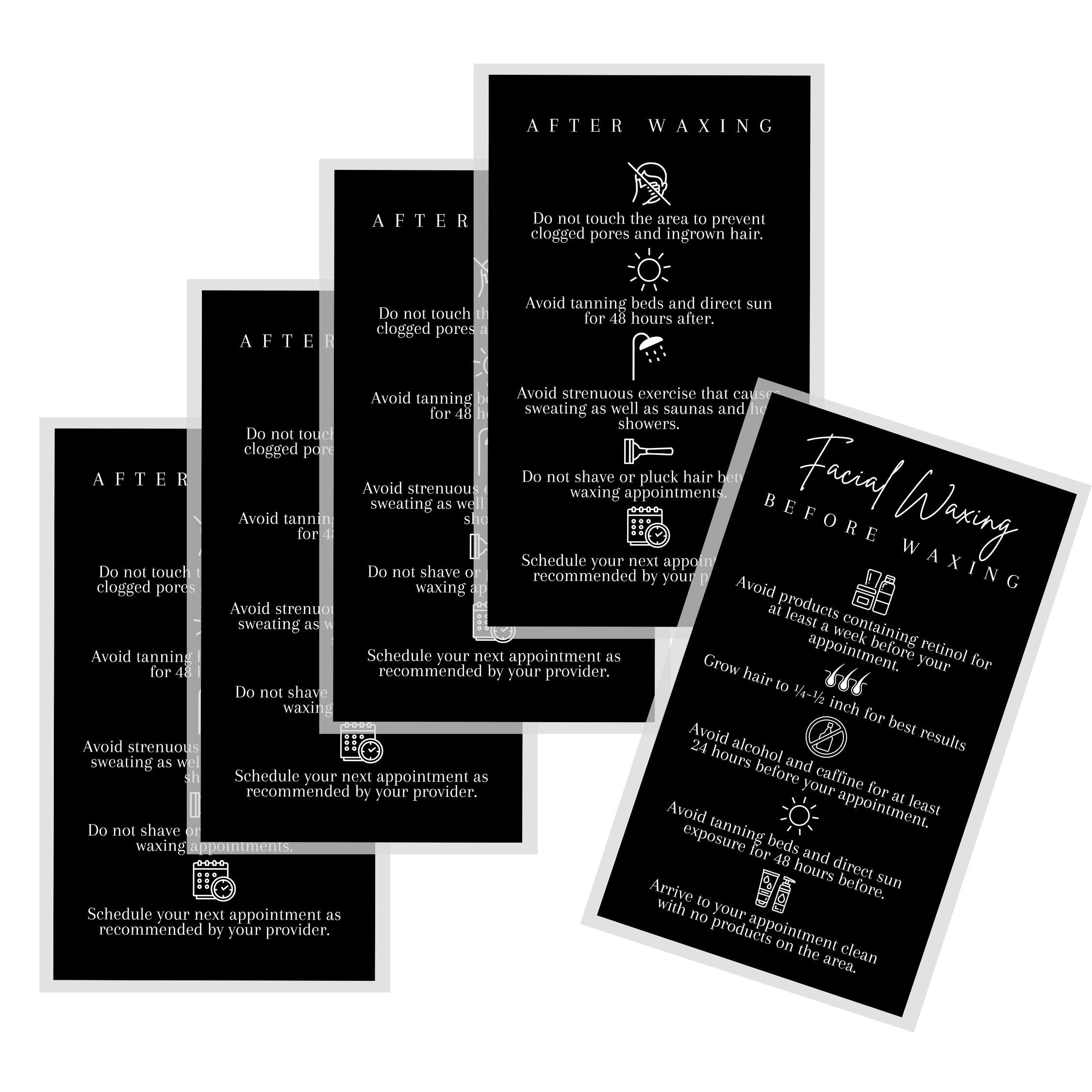 Facial Waxing Before & After Instruction Card | 50 Pack | 2x3.5β in Business Card | Waxing Supplies | Facial Waxing Instructions Cards for Estheticians Using Hard or Soft Wax | Black and White Design