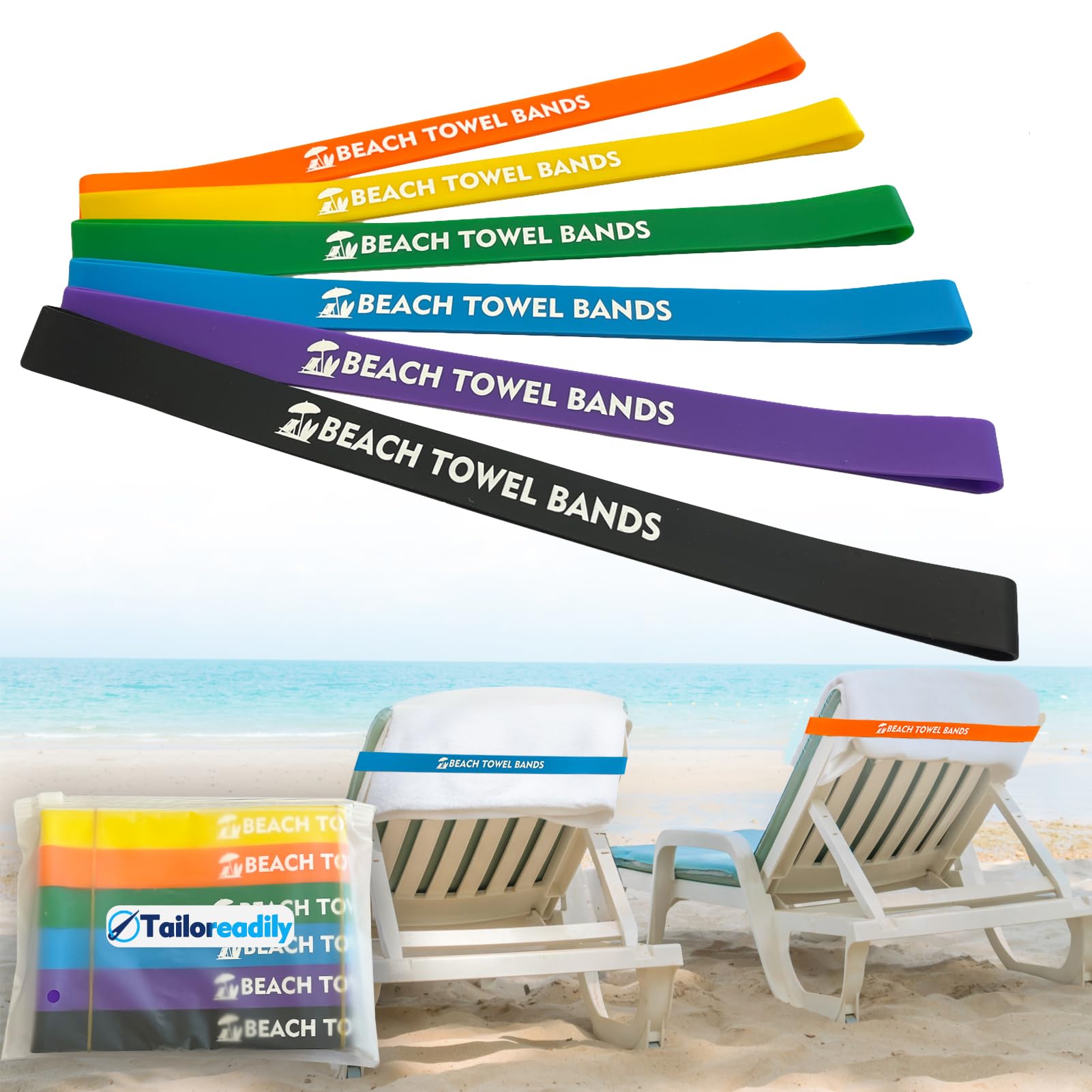 Tailoreadily 6 Pack Towel Bands, Beach Pool Cruise Chair Essentials, Keep Towel from Blowing Away, Beach Accessories for Vacation Must Haves, Great Alternative to Beach Towel Clips, Multicolor