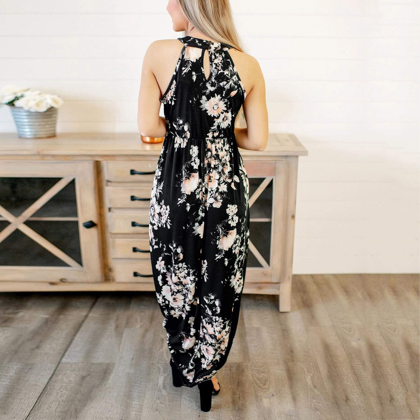 Padaleks Women's Casual Sleeveless O Neck Halter Dresses Loose Plus Size Summer Beach Retro Print Long Maxi Dress