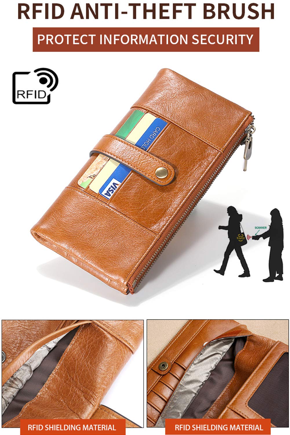 KELEEL Womens RFID Wallets Slim Cow Leather Large Capacity Bifold Purse Multi Card Case Wallet with Dual Zipper Pockets (Black)