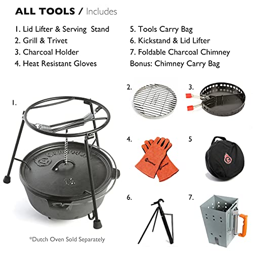 CampMaid Outdoor Cooking Set - Dutch Oven Tools Set - Charcoal Holder & Cast Iron Grill Accessories - Camping Grill Set - Outdoor Cooking Essentials - Camp Kitchen Equipment - (7 Piece Set)