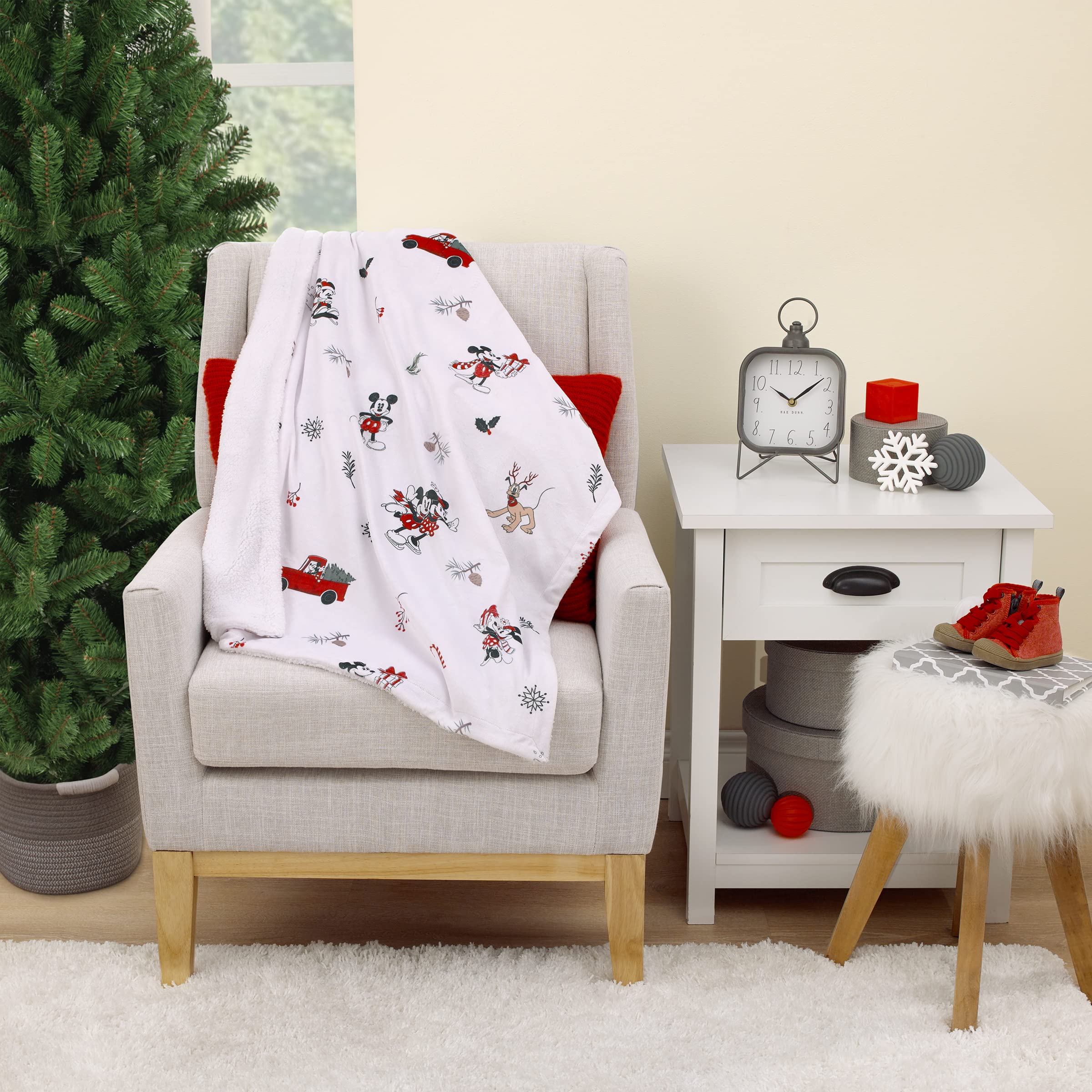 Disney Mickey and Minnie Mouse White, Red, and Green Ice Skating Sledding Christmas Holiday Super Soft Sherpa Baby Blanket