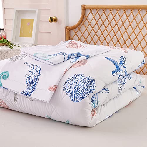 JSD Beach Theme 2 Piece Twin Kids Comforter Set, Jellyfish Starfish Shell Printed Comforter with Pillow Sham, Soft Comfortable Machine Washable