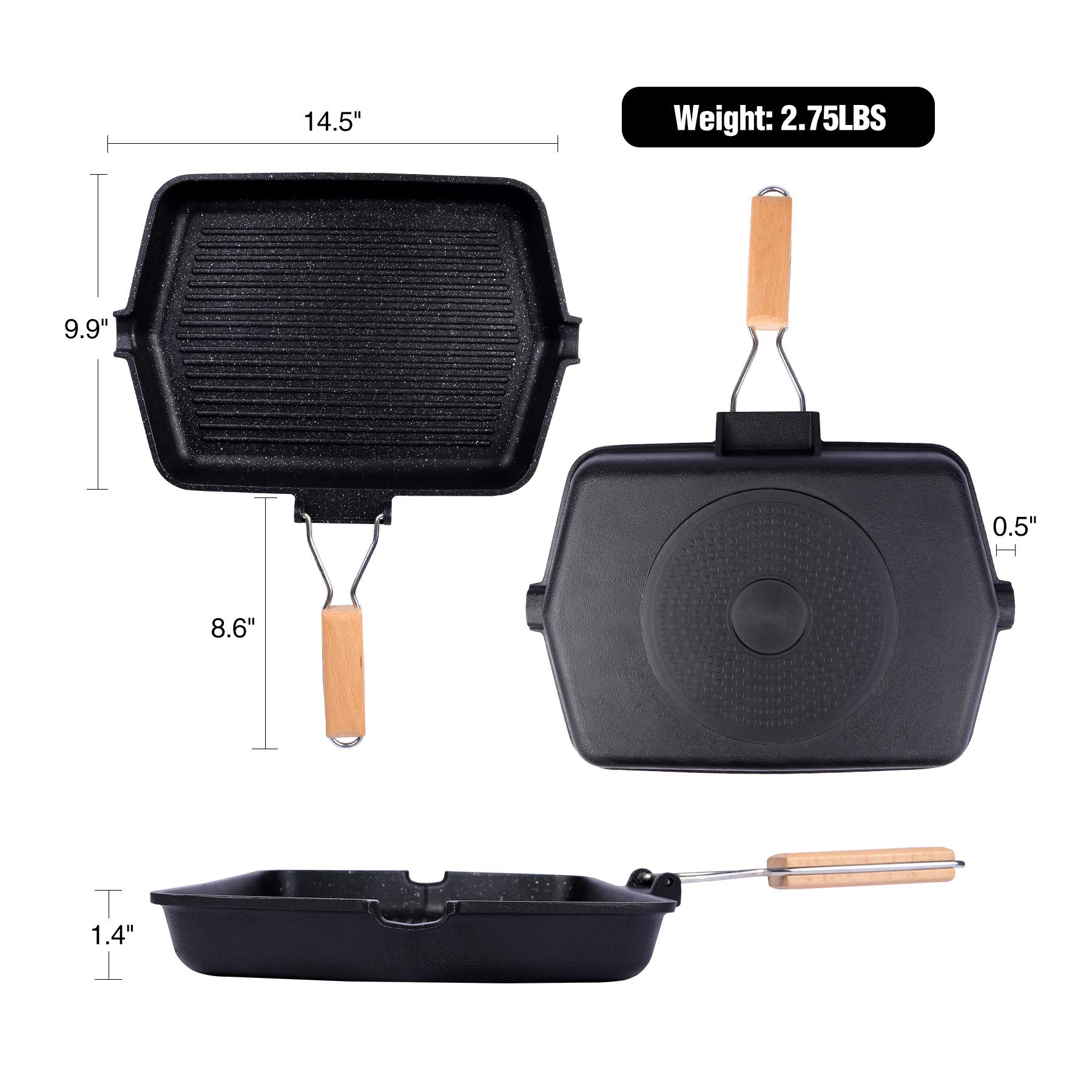CAMPMAX Grill Pan with Folding Handle, Non-stick Grill Pan for Stove Tops, Induction Compatible KBBQ Grill Pan 14.5x9.9β