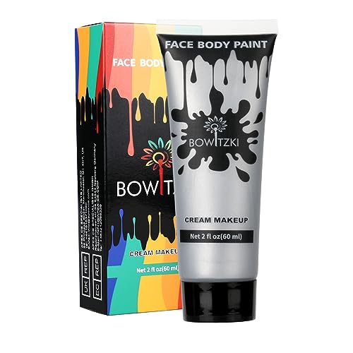Bowitzki Face and Body Paint 2oz Cream Makeup 60ml Water Based Face Painting Special Effects For Adults Children Kids Halloween Christmas Party Stage Cosplay (Silver)