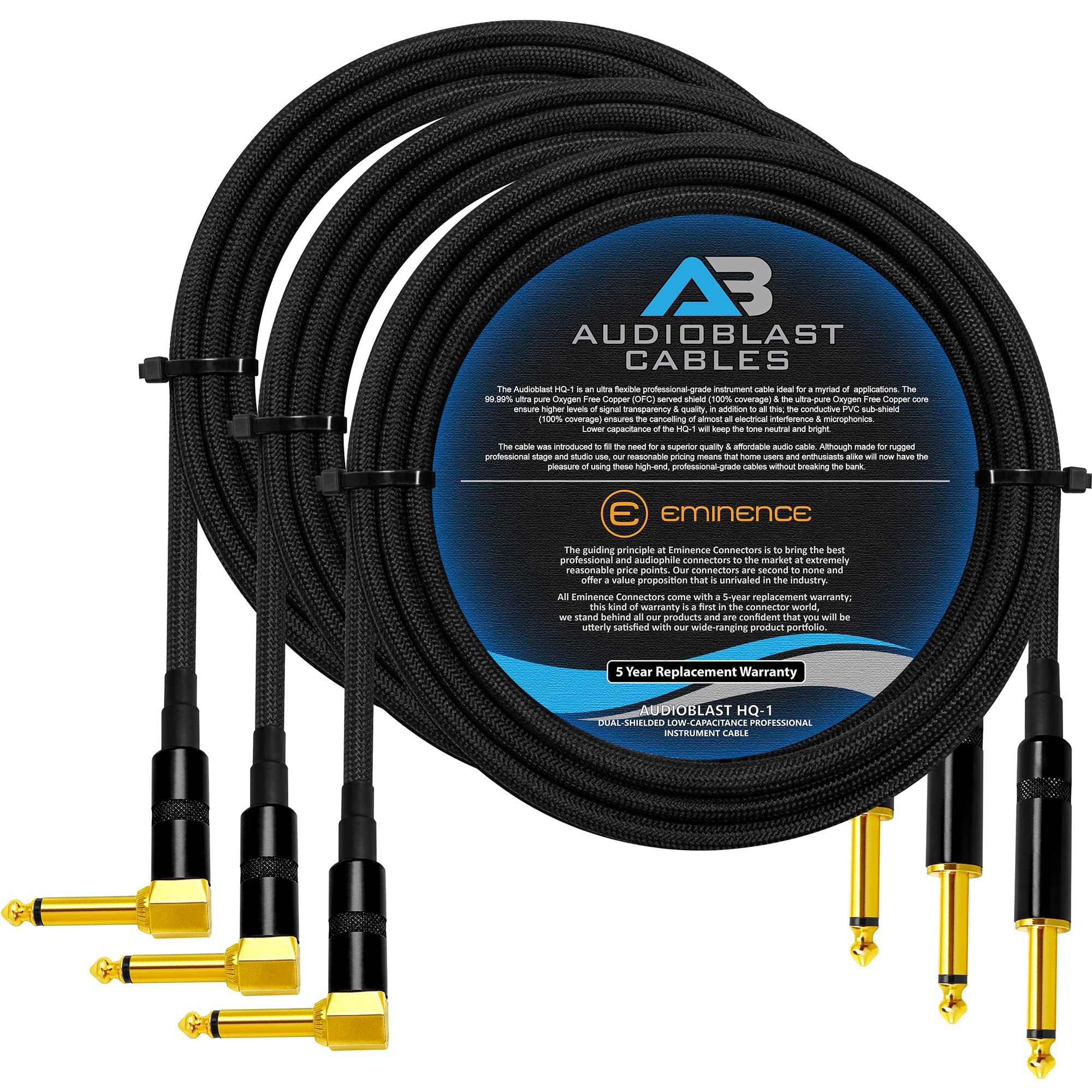 Audioblast - 3 Units - 10 Foot - HQ-1 -Braid (Black) Flexible-Dual Shielded(100%)-Guitar Instrument Effects Pedal Patch Cable w/Eminence Straight & Angled Gold ¼ inch (6.35mm) TS Plugs & Double Boots