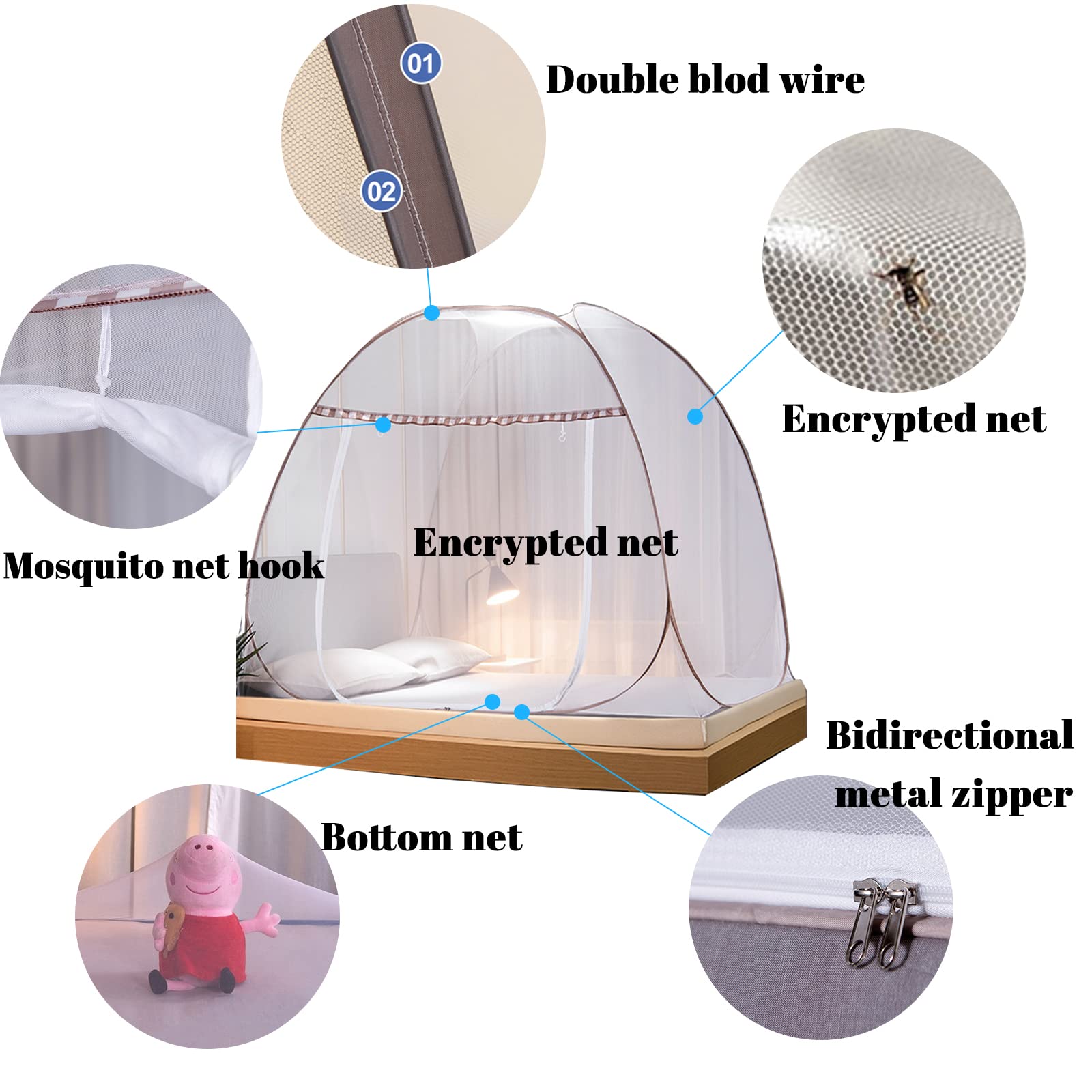 Fancylovesotio Mosquito Netting for Bed with Mosquito Head Net Mesh, Travel Portable Folding Bed Net Tend with Bottom for Twin and King Size Home Outdoor Brown,1.0M