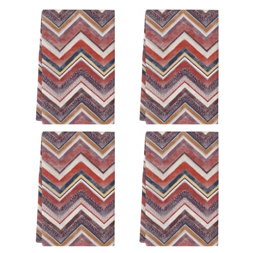 Beisseid Kitchen Dish Towels Red Grey Chevron Dish Cloth Fingertip Hand Towels Geometric Design Stripe Super Absorbent Soft Cotton Tea Towel 4 PCS