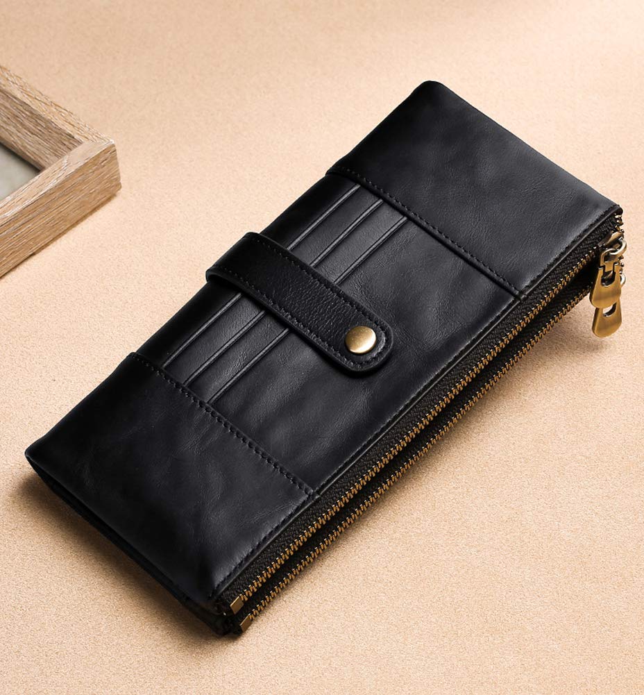 KELEEL Womens RFID Wallets Slim Cow Leather Large Capacity Bifold Purse Multi Card Case Wallet with Dual Zipper Pockets (Black)