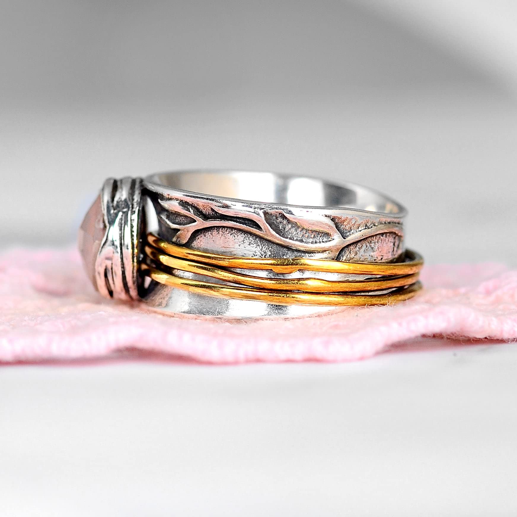 Boho-Magic 925 Sterling Silver Rose Quartz Leaf Spinner Fidget Ring for Women Pink Gemstone (10)