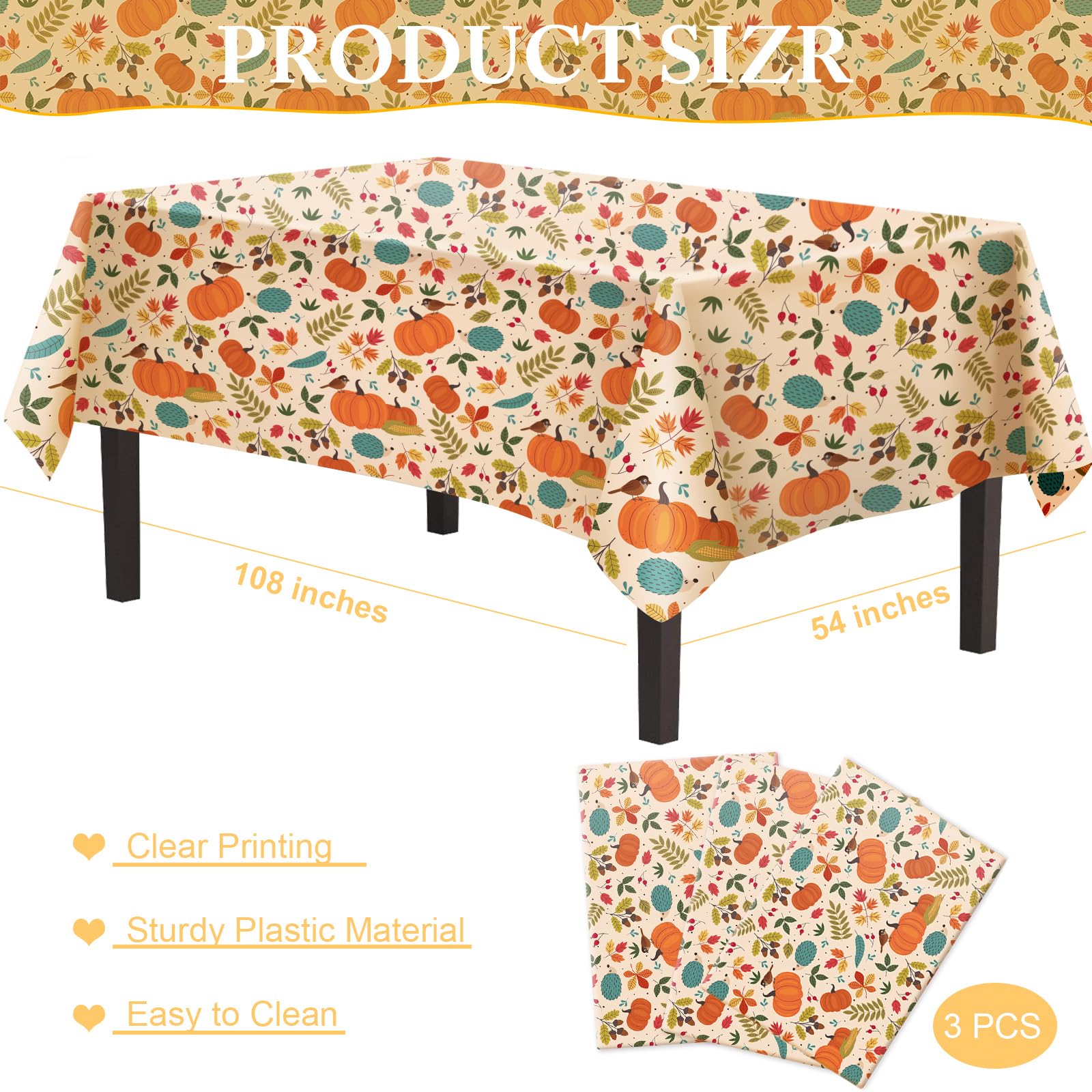 CAKKA Thanksgiving Tablecloth Plastic 54x108 Inch, 3 Pack Disposable Fall Pumpkin Table Cover, Orange Marple Leaf Rectangle Autumn Table Cloth for Fall Thanksgiving Day Table Decor Decoration