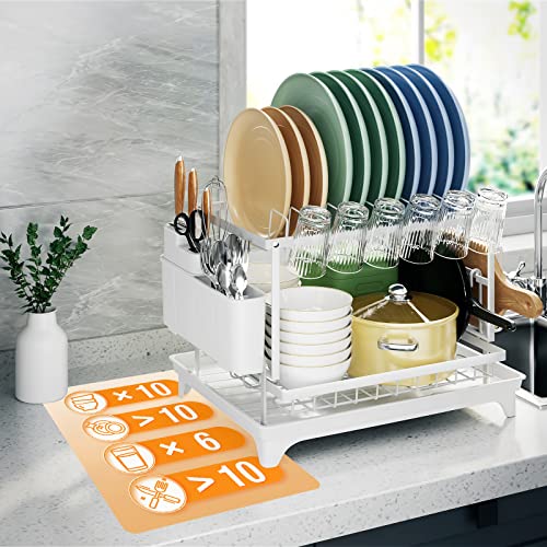 kenvc Dish Drying Rack,Large Dish Drying Rack,Dish Drainers for Kitchen Counter,Board Holder, 6 Cup Holder,Removable Large Capacity Dish Drainer, Rust-Proof Dish Drainer, White