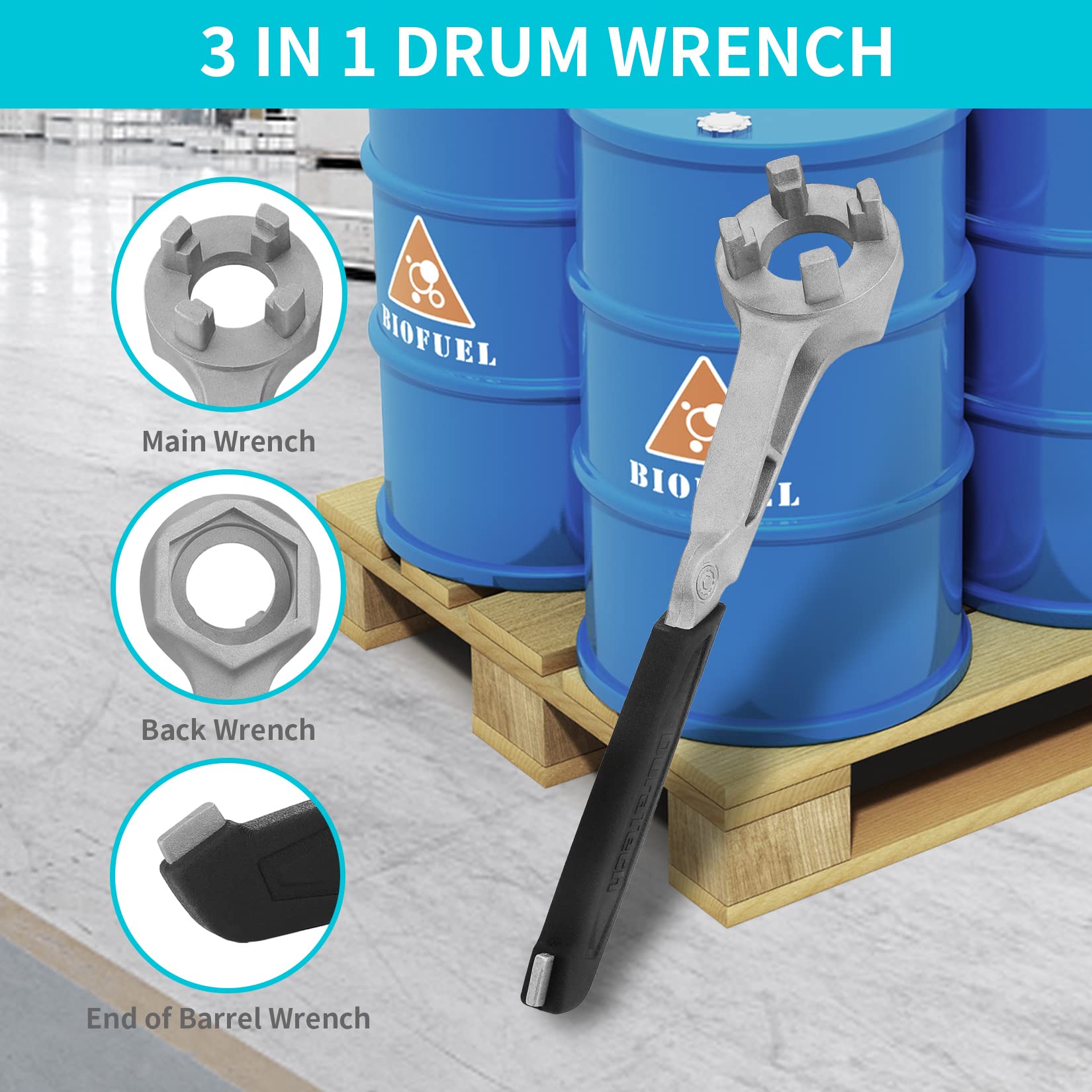 DURATECH Aluminum Drum Wrench, 3-in-1 Bung Wrench, Barrel Opener Tool for Opening 10 15 20 30 55 Gallon Drum, Fits 2" and 3/4" Plastic Bung Cap