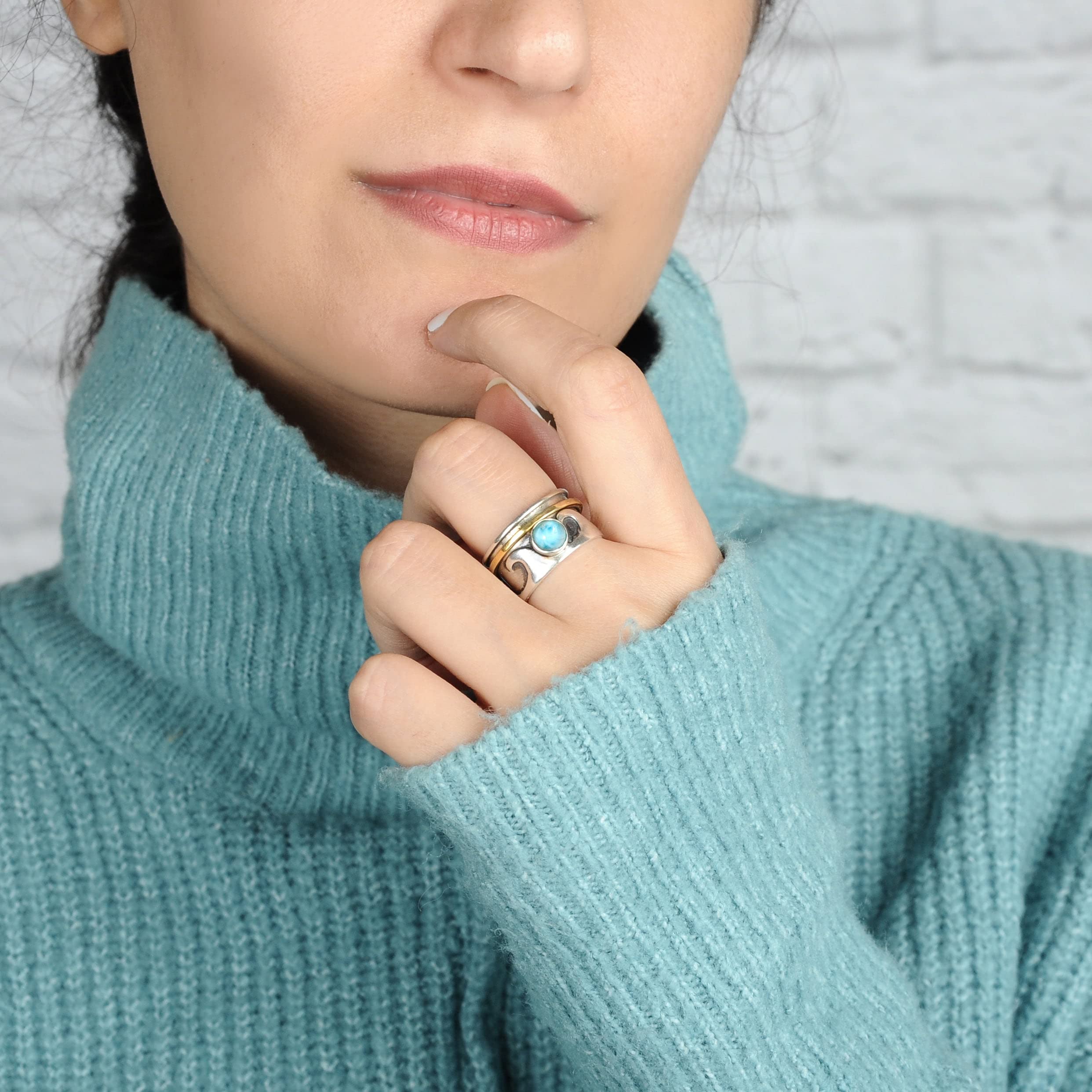 Boho-Magic 925 Sterling Silver Spinner Larimar Wave Ring for Women with Brass Fidget Ring Band (11)