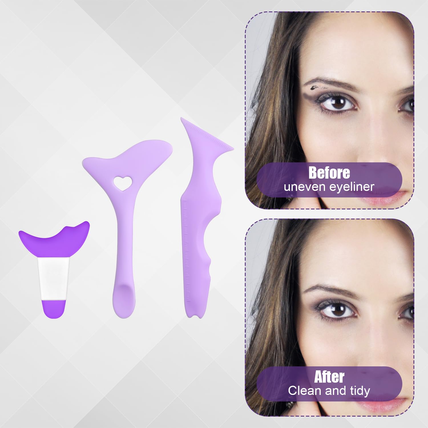 BOXOB 3pcs Eye Makeup Tool, Soft Silicone Eyeliner Stencils Multifunctional Mascara Shield Applicator Eye Makeup Stencils Eyeliner Tool for Beginners (Purple)