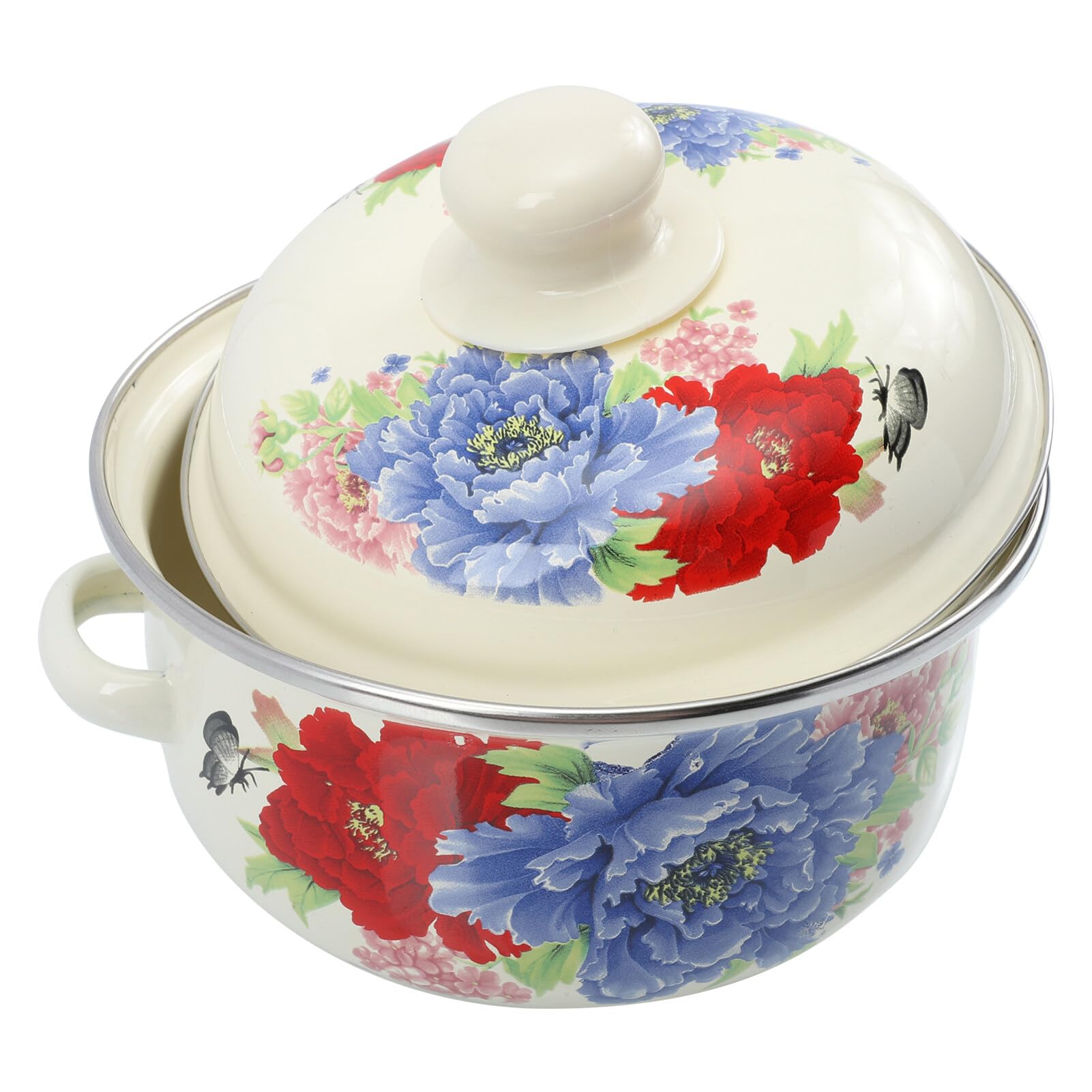 Cooking Pot Enamel Stew Pot Vintage Floral Casserole Pot Oven Pot Stockpot Enamel Camping Cookware Enamelware Pot with Lid and Handle Household Soup Pot random pattern