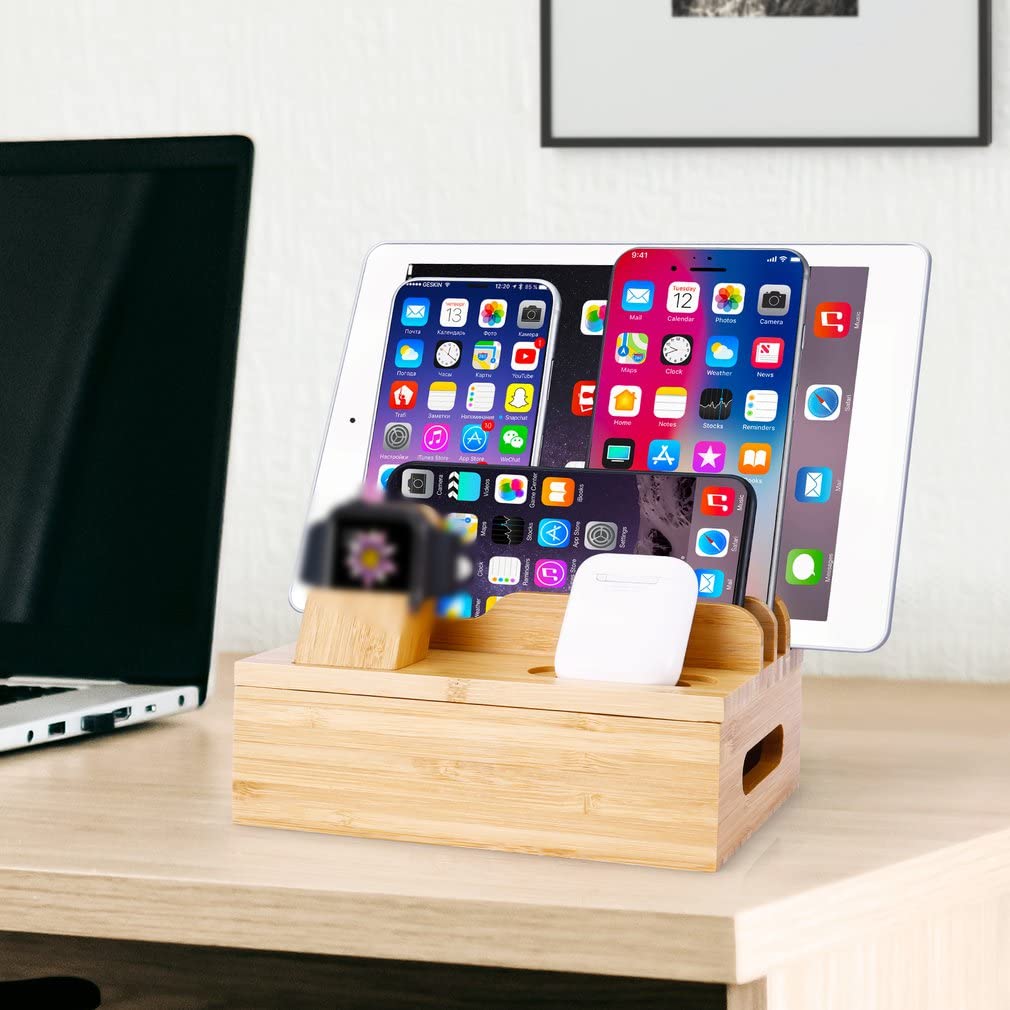 Bamboo Charging Station for Apple Multiple Devices Wood Desk Organizer and Accessories,Desk Drawer Organizer Extended Port Cell Phone Docking Station for iPhone Ipad Apple Watch Airpods