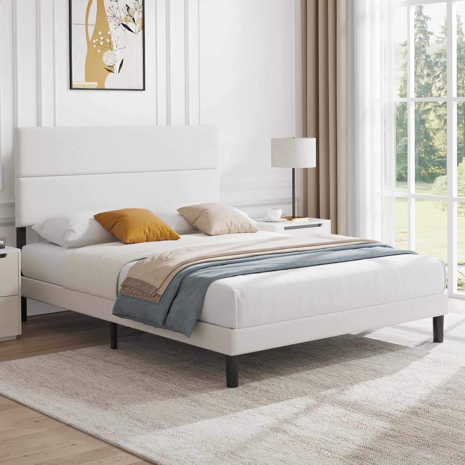 HOWE Queen Size Bed Frame, Upholstered Platform Bed with Adjustable Headboard, Sturdy Bedframe Linen Fabric/Easy Assembly/No Box Spring Needed/Noise-Free/Cream