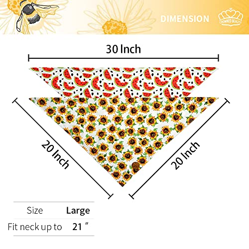 CROWNED BEAUTY Spring Summer Dog Bandanas Reversible Large 2 Pack, Watermelon Sunflower Set, Green Plaid Polka Dots Adjustable Triangle Holiday Scarves for Medium Large Extra Large Dogs Pets DB38-L