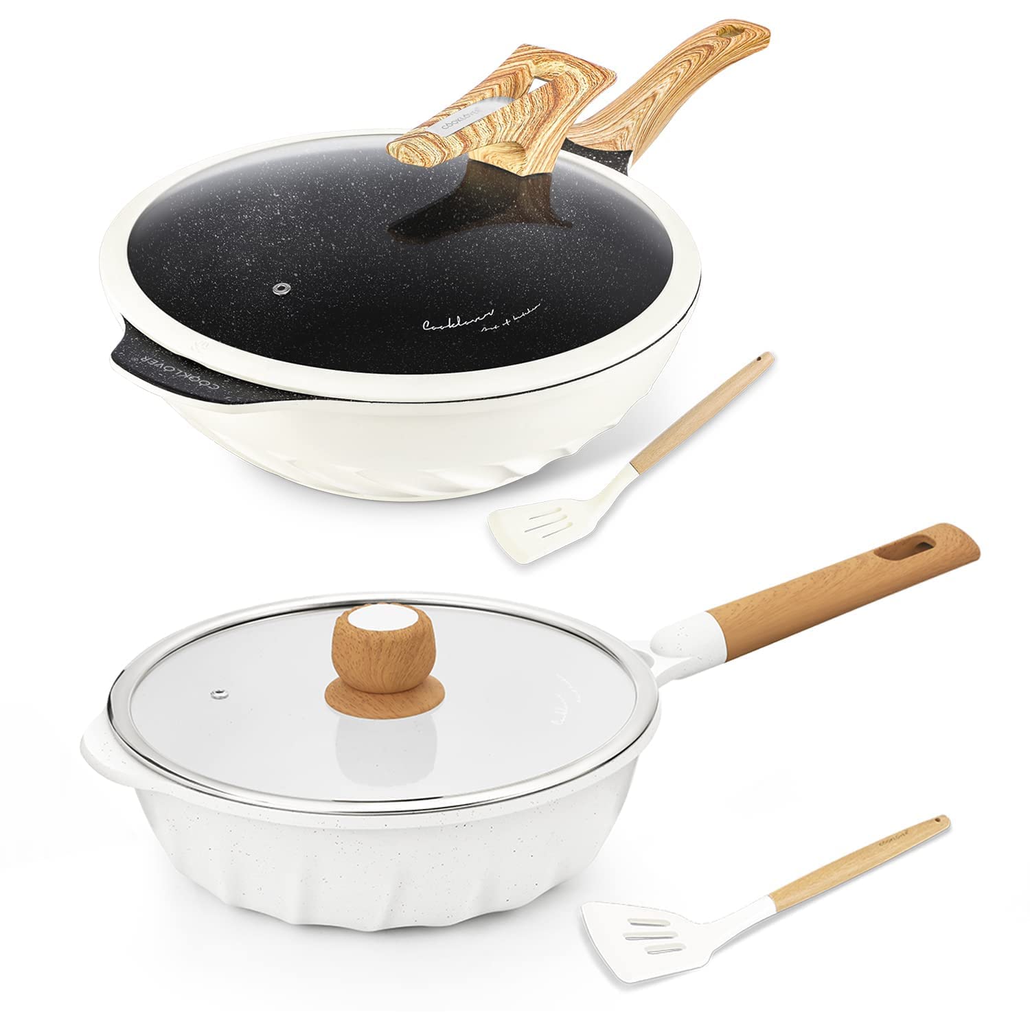 COOKLOVER Nonstick Induction Wok-12.6inch - White & 11 inch Nonstick Stir Fry Pan with Lid β White