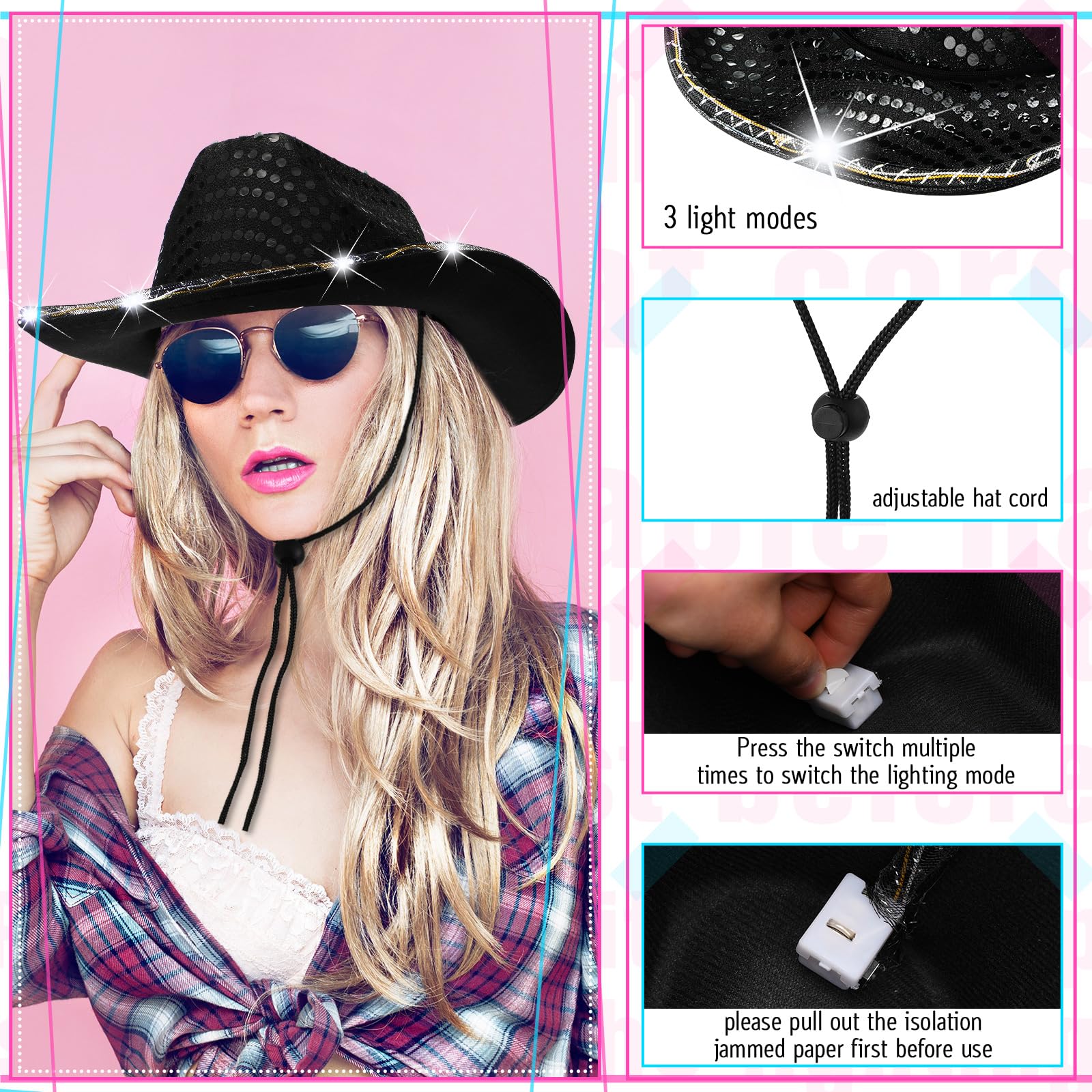 Bokon 12 Pcs Lighted Hat Bulk LED Flashing Bride Hat for Wedding Western Bridal Shower Decoration(Black, Silver,Classic Style)