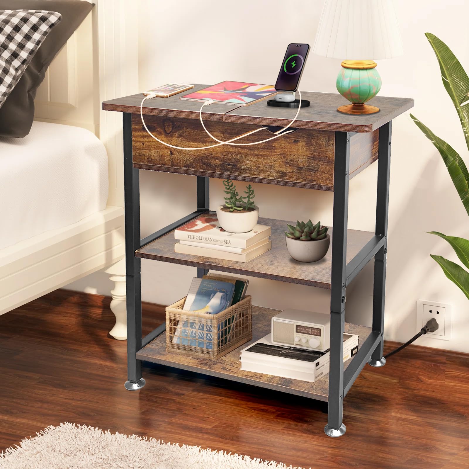 Flip Top Side Table with Hidden Charging Station - 12"Dร21"Wร26"H Compact End Table for Small Spaces, with Storage and 2 Shelves, Metal and Wood End Tables for Living Room, Slim Sofa Side Tables,Brown