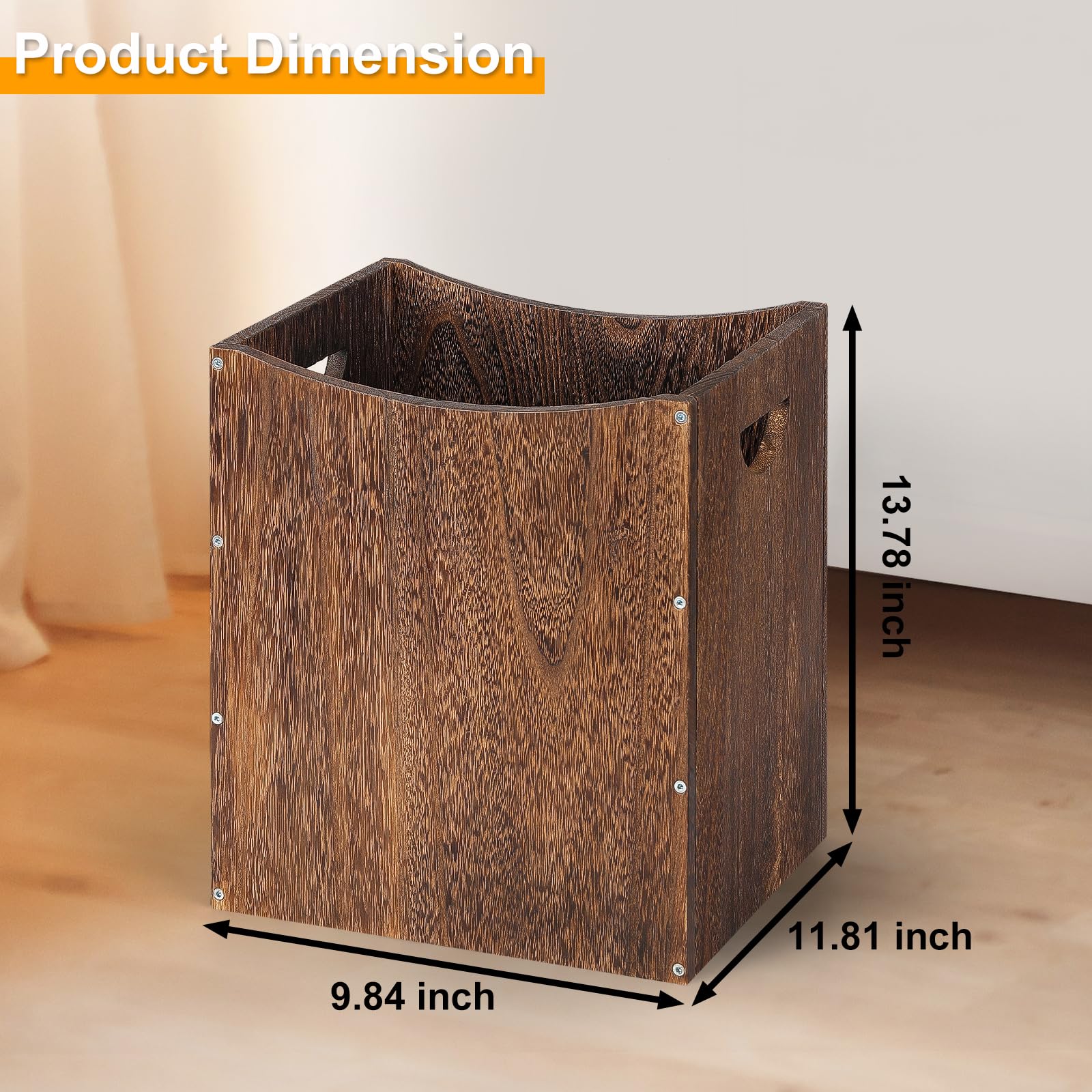 BTY Wood Trash Can 5 Gallon Farmhouse Wastebasket with Handles Rectangular Garbage Bin Small Waste Basket for Office, Kitchen, Living Room, Bathroom, Rustic Brown