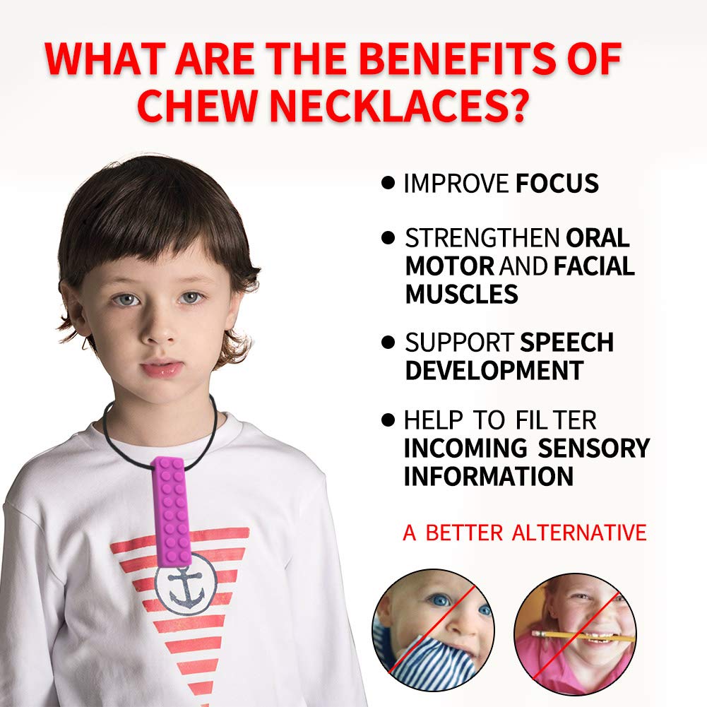 BUDDE 5PCS Chew Necklace,chewies for Kids;Sensory Chew Necklace with Teething, ADHD, Autism, Biting Needs, Oral Motor Chewy Teether, Silicone Necklace Made from Food Grade Silicone Safety,