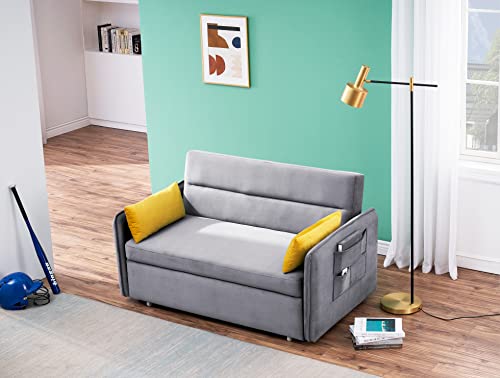 ERYE Modern Upholstered Futon Sofa Convertible Sleeper Couch Bed,Soft Loveseat & Sofabed for Home Office Apartment Small Space Living Room Napping Love Seats, Gray 2 Pillows Side Pockets Twin