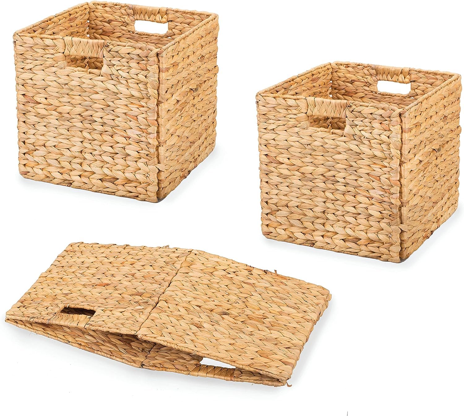 CINWEN Woven Hyacinth Storage Baskets 4 Pack,Shelf Basket,Foldable Storage Basket, with Built-in Handles Home Organizing Laundry Organizer Cube Baskets,Sundries Storage Basket (Brown)