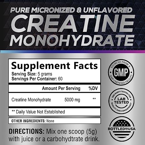 Creatine Monohydrate Powder - 100% Pure Micronized Creatine 5000mg (5g) - Creatine Pre Workout, Supports Muscle Building, Cellular Energy, Recovery & Strength, Vegan, Keto, Gluten-Free - 60 Servings