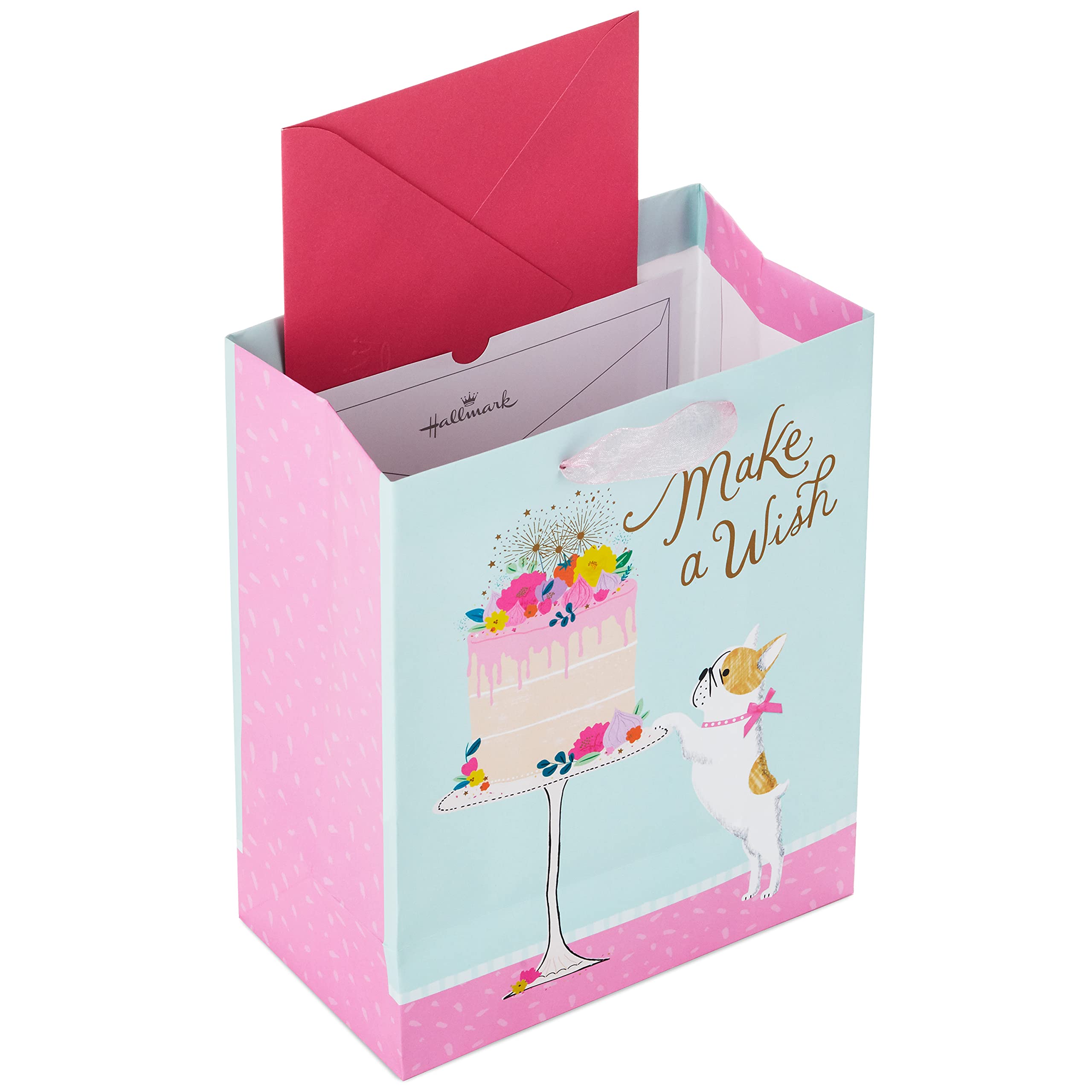 Hallmark 9" Medium Birthday Gift Bag with Tissue Paper (Make a Wish Cake and Pug Puppy)