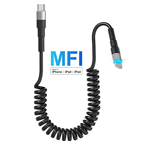 Coiled USB C to Lightning Cable, Apple Carplay Cable [Apple MFi Certified] Retractable iPhone Charger Cord with Data Sync and Blue LED, Coiled Lightning Cable Carplay Compatible with iPhone Pad Pod