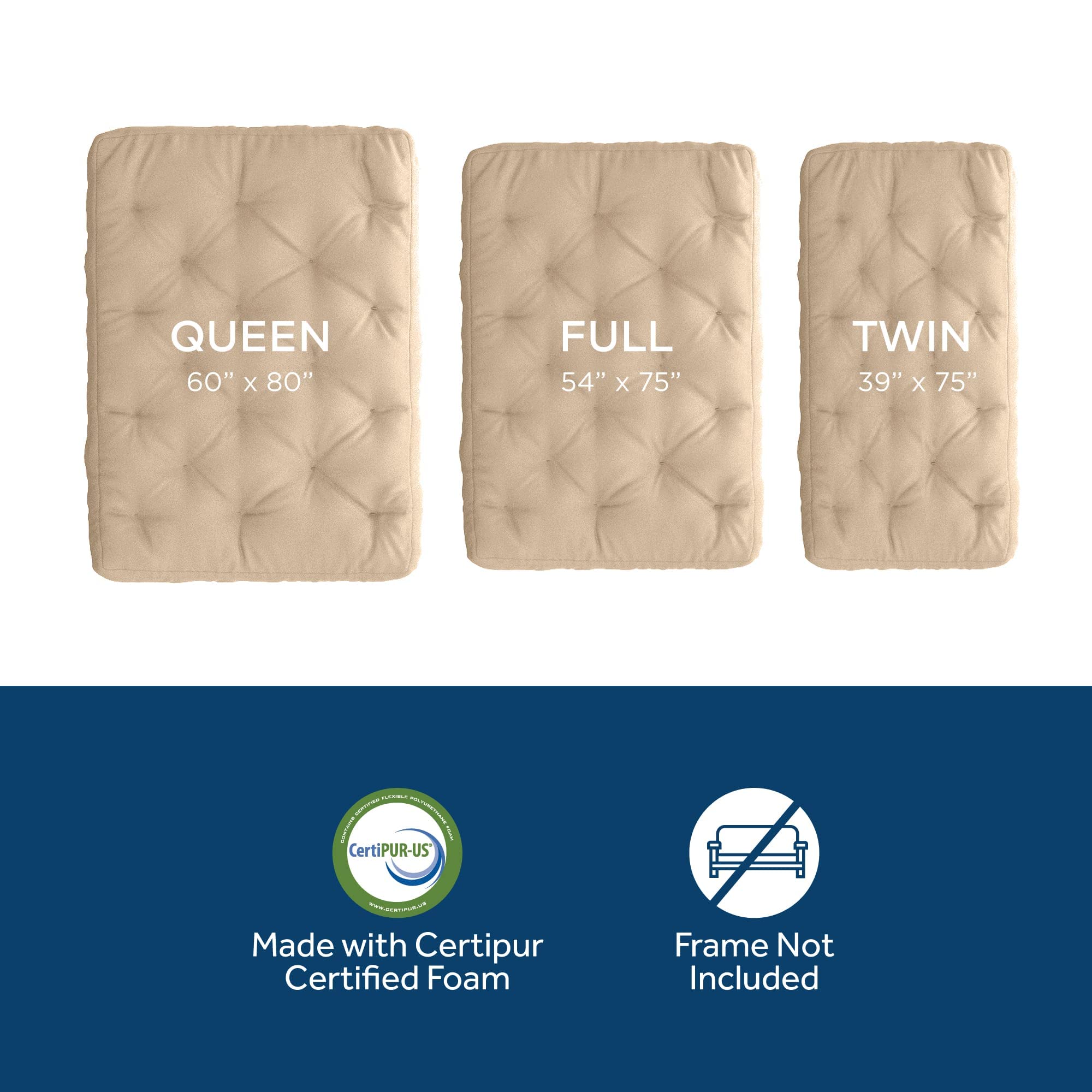 by The Futon Factory Cooling Gel Memory Foam 8 inch Futon Mattress - Solid Khaki Cover - Full Size - CertiPUR Certified Foams - Made in USA - (Frame not Included)