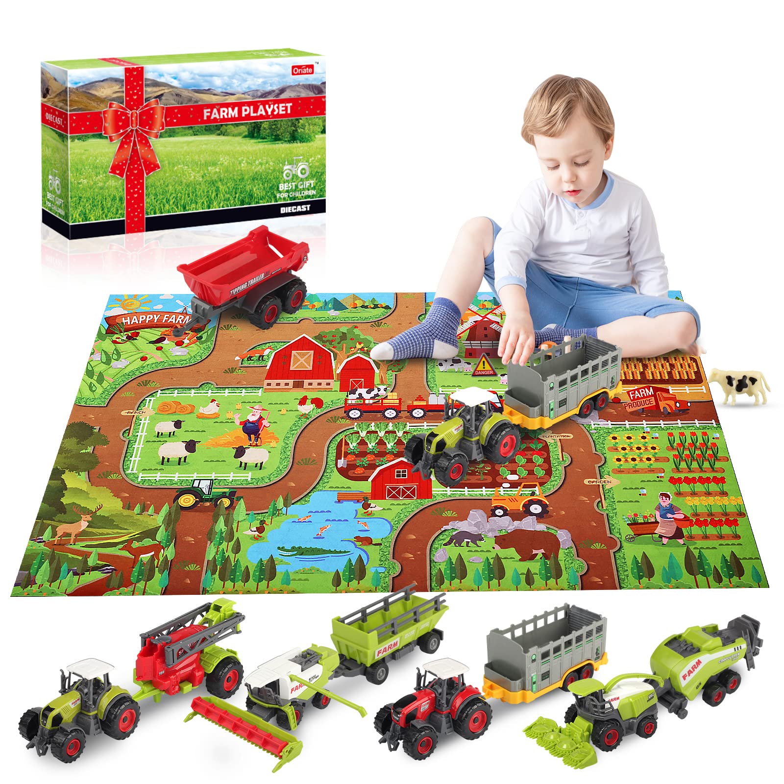 Oriate Farm Tractor Set 34 Piece Die Cast Vehicle Value Playset, Large Size 4.8" Tractors Toy Kids Birthday Gift, Farm Play Mat Tractors Animals Trailer Toys, Farm Equipment Accessories