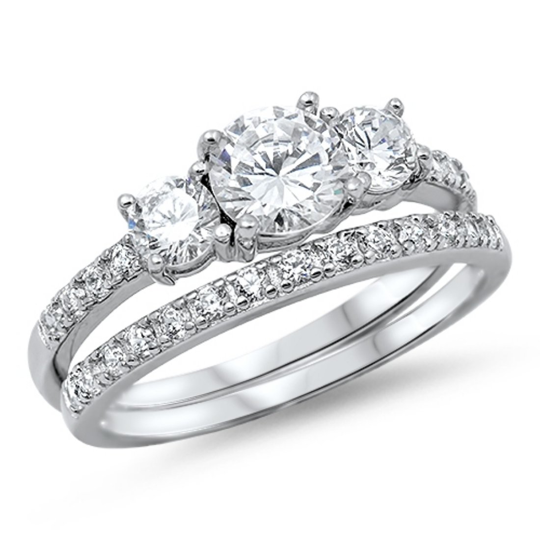 Blue Apple Co. 3 Three Stone Wedding Ring Half Eternity Band Bridal Set Round Cubic Zirconia Solid 925 Sterling Silver
