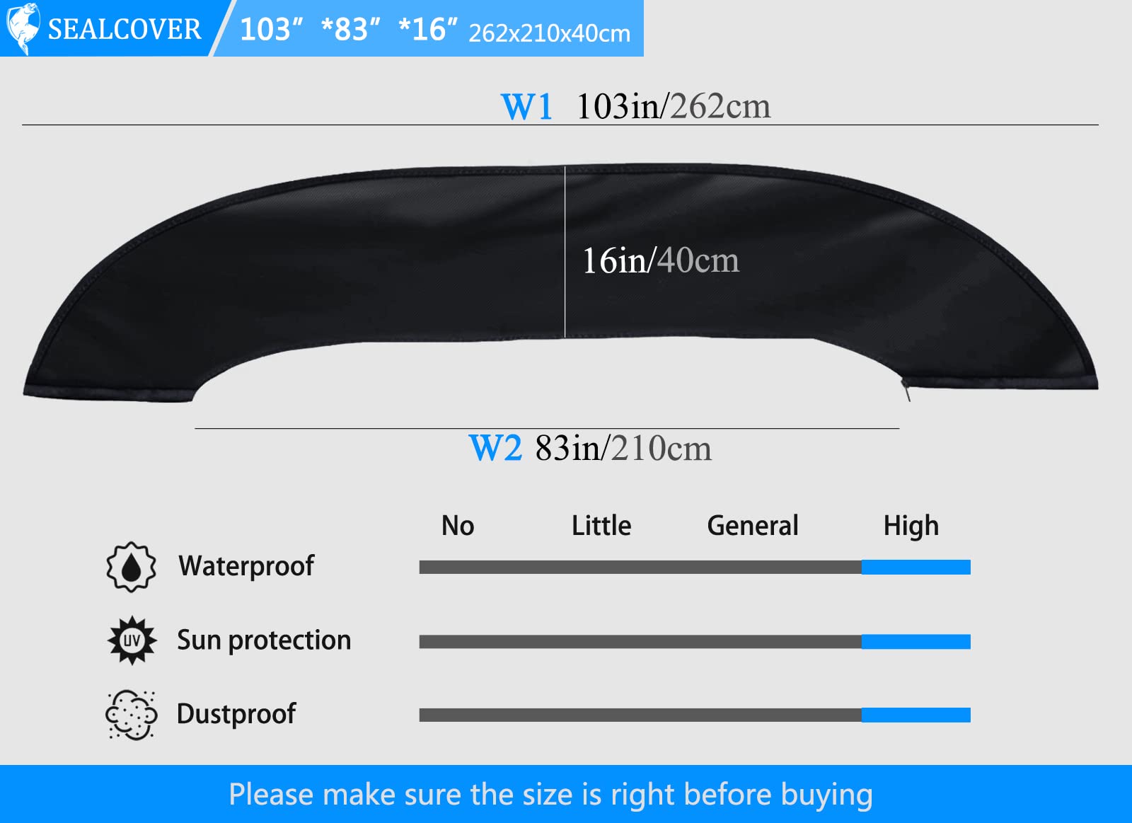 Boat Bimini top Cover,Suitable for 3-4 Bows Bimini top Boot Cover,Down Zipper,Black,High Density Waterproof. (W83-103"*H16)