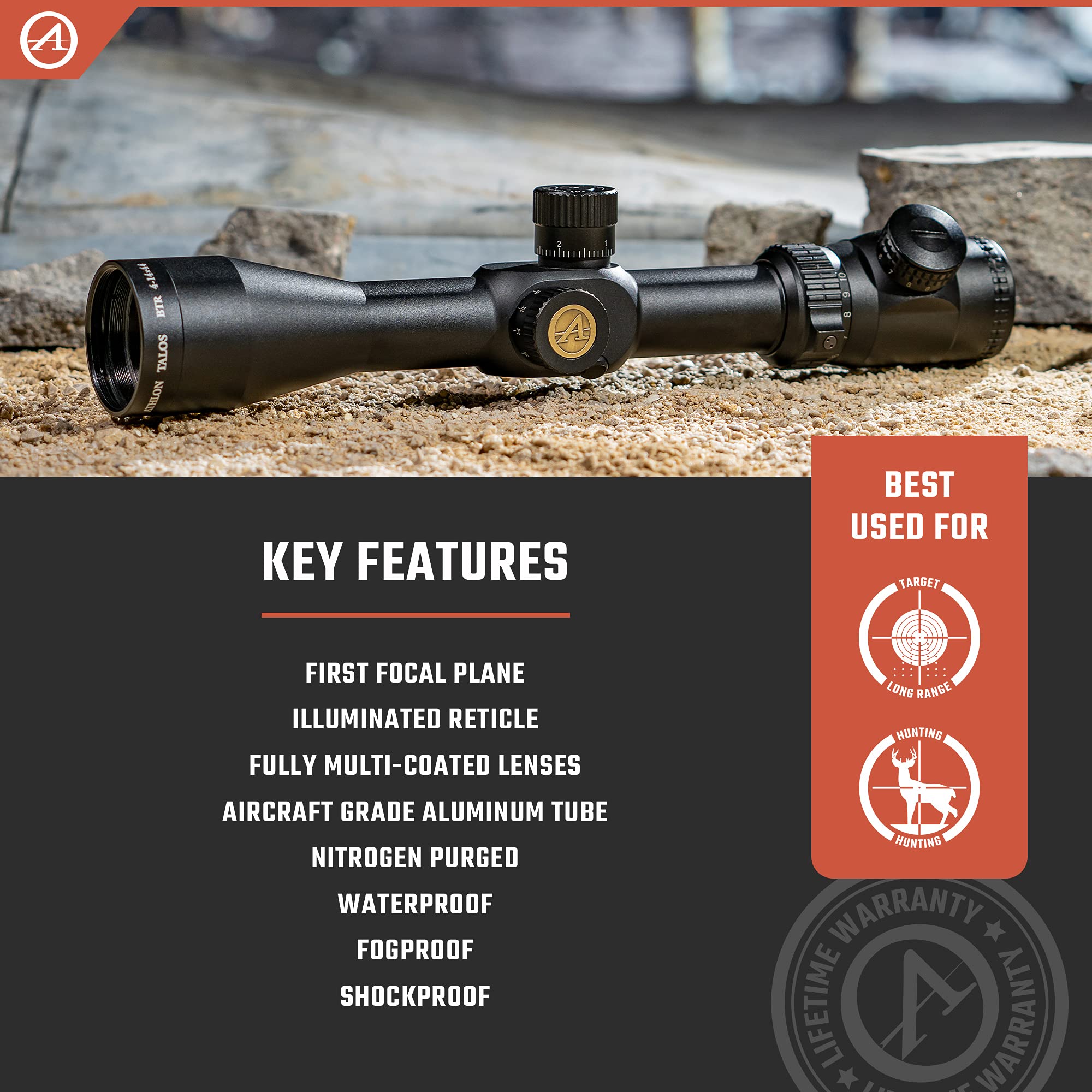 Athlon Optics Talos BTR 4-14x44 First Focal Plane Riflescope, APLR2 FFP IR MIL Reticle, Black