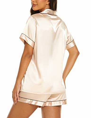 Ekouaer Womens Satin Silk Short Sleeve Button Down Top and Shorts Sleepwear Pajamas Set, Champagne, Medium