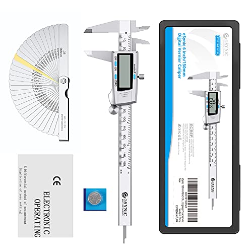 eSynic Digital Vernier Caliper 6 inch/150mm + Feeler Gauge Stainless Steel Electronic Caliper Fractions/Inch/Metric Micrometer Measuring Tool for Length Width Depth Inner Diameter Outer Diameter