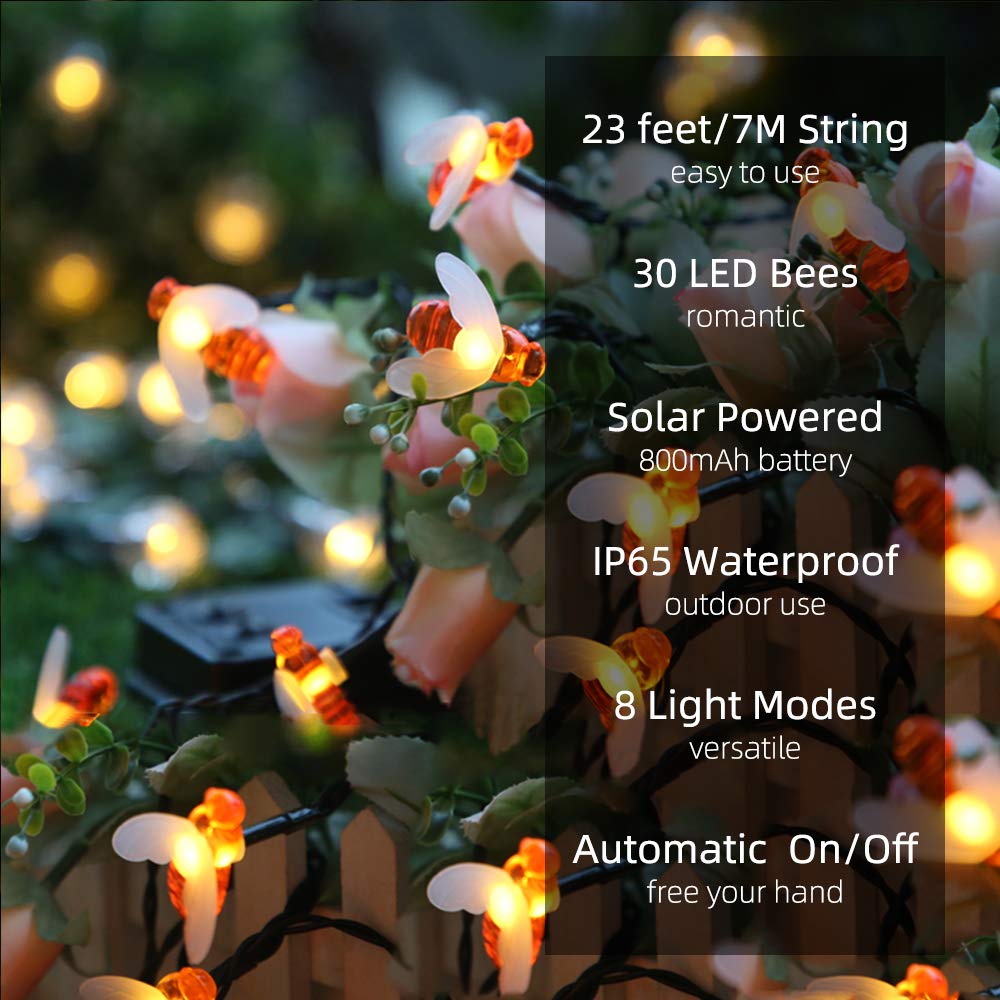 Metaku Solar Lights Outdoor Bee String Lights 23ft 30 LED Honeybee Lights Solar Powered 8 Modes Auto On/Off Christmas Lights Outdoor Waterproof Decorative Fairy Light for Patio Garden Gazebo Balcony