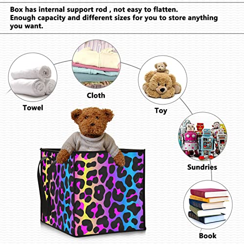 Blueangle Neon Gradient Leopard Print Cube Storage Bin with Handles, 13 x 13 x 13 in, Large Collapsible Organizer Storage Basket for Home Décor(945)