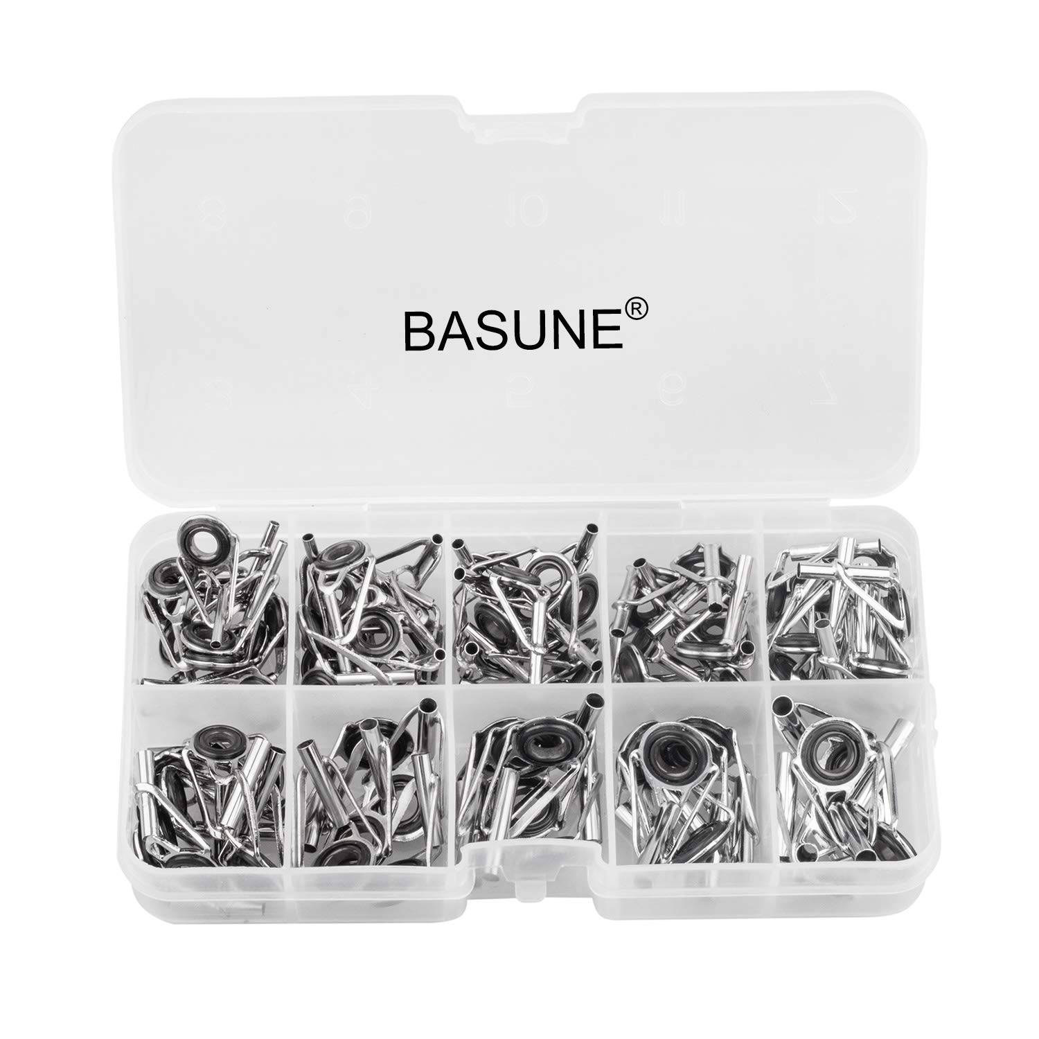 BASUNE Spinning Rod Guides Tip Ceramic Guide with Eyelets, Fishing Rod Guide Replacement Tip Spare Parts Repair and Tips Repair Eye Loop Kit with Box for Spinning Rods Sea Fishing (10 Size - 80Pcs)