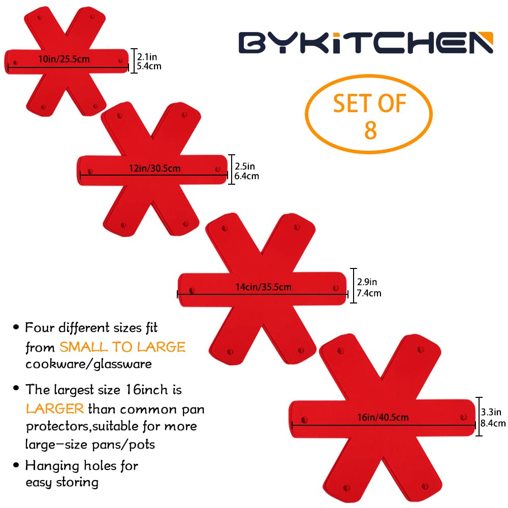 BYKITCHEN Pot Pan Protectors, Larger & Thicker Red Stacking Pot Protectors, Set of 8 and 4 Different Sizes, Pan Pot Separator Pads for Stacking and Protecting Your Cookware(10/12/14/16inch)