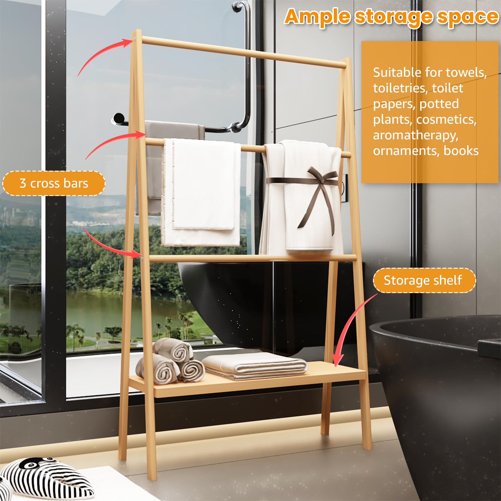 Cirui Bamboo Ladder Towel Rack with Storage Shelf 4-Tier Bathroom Ladder Towel Rack Freestanding Bamboo Drying Stand Multifunctional Display Stand for Bedroom Dressing Room Laundry