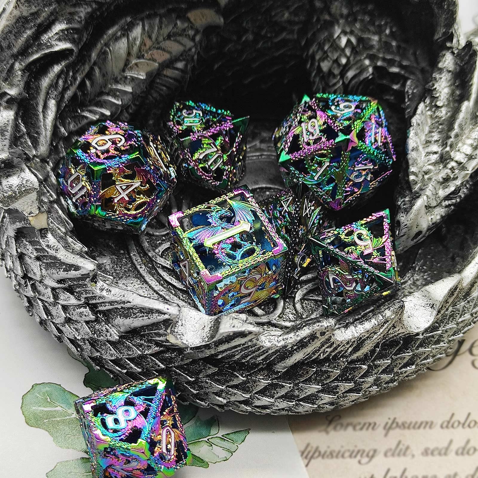 Metal Hollow DND Dice Set D&D Dungeons and Dragons Polyhedral 7-Piece RPG MTG Dice Gift D20 D6 Role Playing Pathfinderboard Game Accessories Digital Teaching Metal Box-Gold