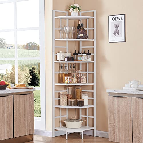 HOMISSUE 6 Tier Industrial Corner Shelf Unit, 76.9β Tall Corner Bookcase Storage Display Organizer Storage Stand for Home Office White
