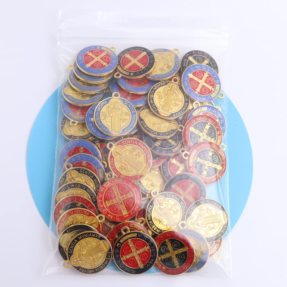 Glary 50pcs of Assorted Epoxy 1 inch Round Saint Benedict Medal Pendant Medal of St. Benedict