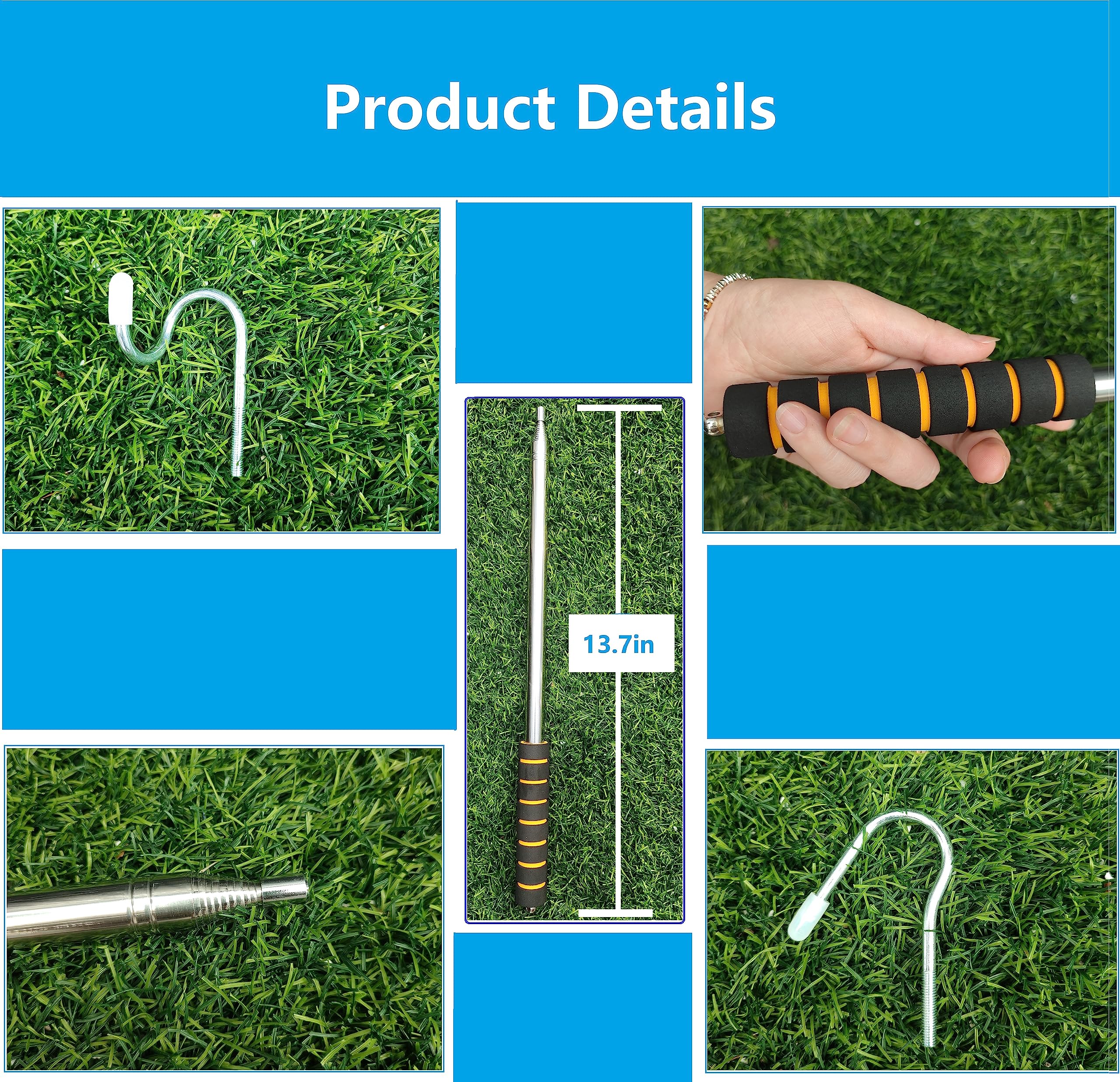 Bytcew Pickup Tool Telescopic Push/Pull Pole with Two Hooks Extends to 9.8 Feet(3M),Wire Reacher Disc Golf Grabber Rod