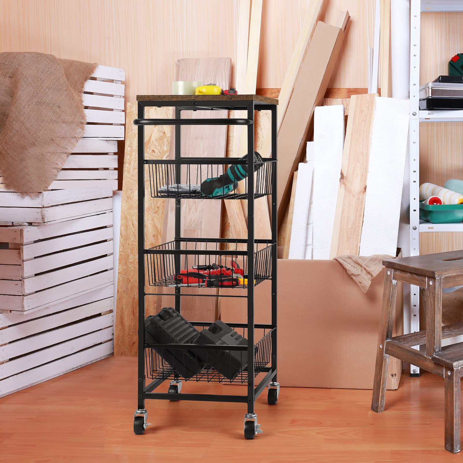 smusei Kitchen Cart on Wheels 4 Tier Metal Moveable Kitchen Cart with Storage Rolling Utility Storage Cart with Pull Out Baskets for Home, Bathroom, Pantry